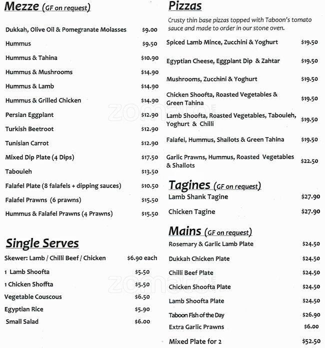 Carta de Taboon Modern Middle Eastern Cafe, Robina, 514 Christine Ave