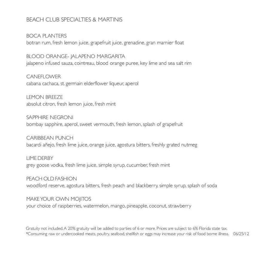 Menu at Ocean Bar, Boca Raton