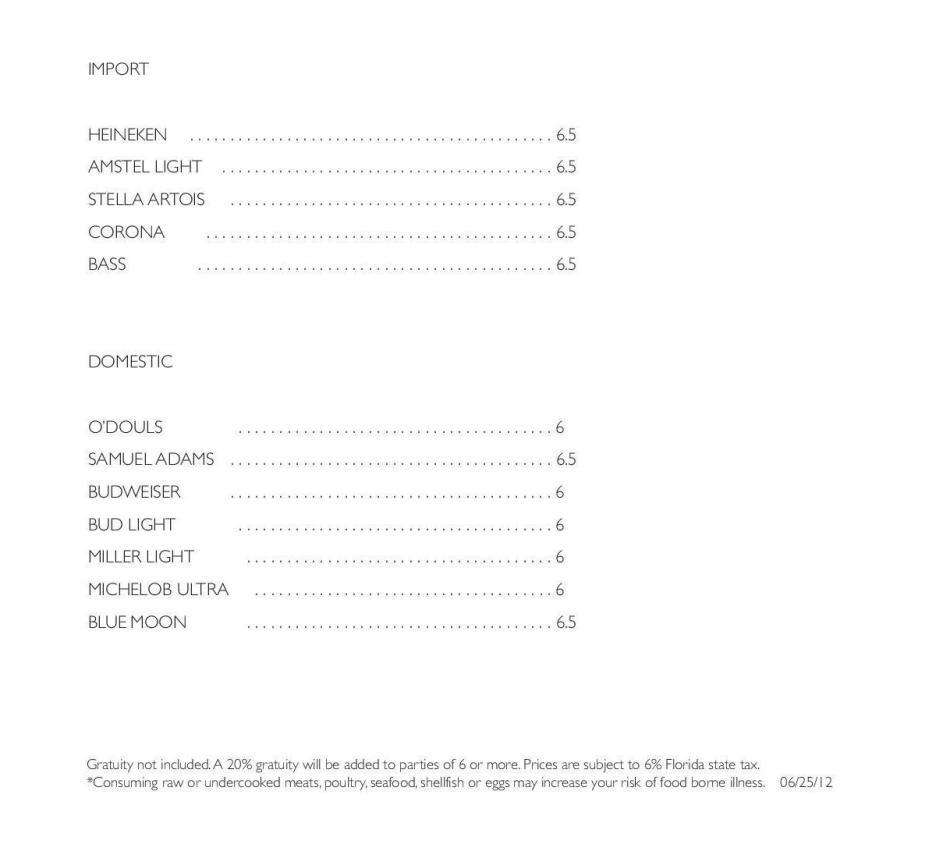 Menu at Ocean Bar, Boca Raton