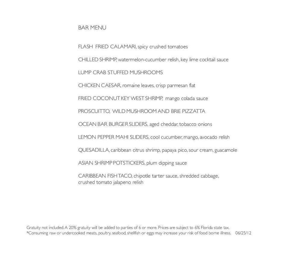 Menu at Ocean Bar, Boca Raton