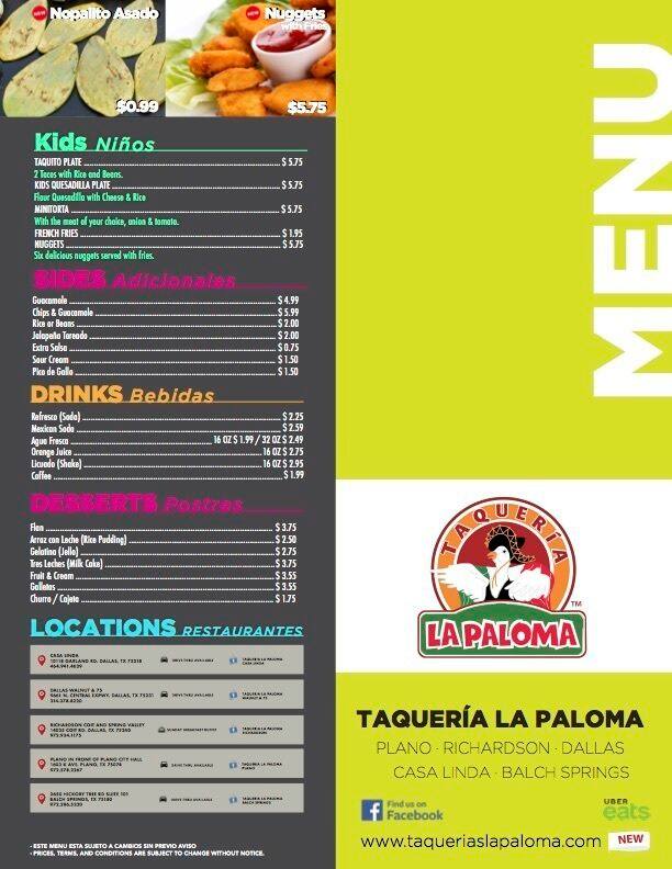 Menu at La Paloma Taqueria restaurant, Plano