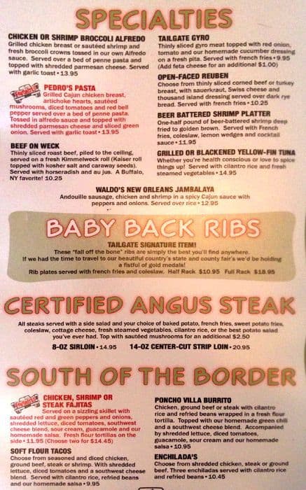 Menu at Tailgate Tavern & Grill pub & bar, Parker