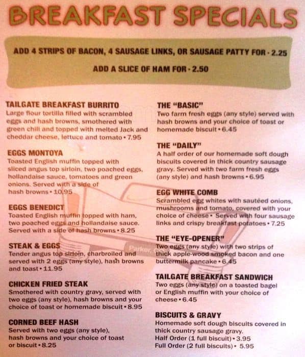 Menu at Tailgate Tavern & Grill pub & bar, Parker