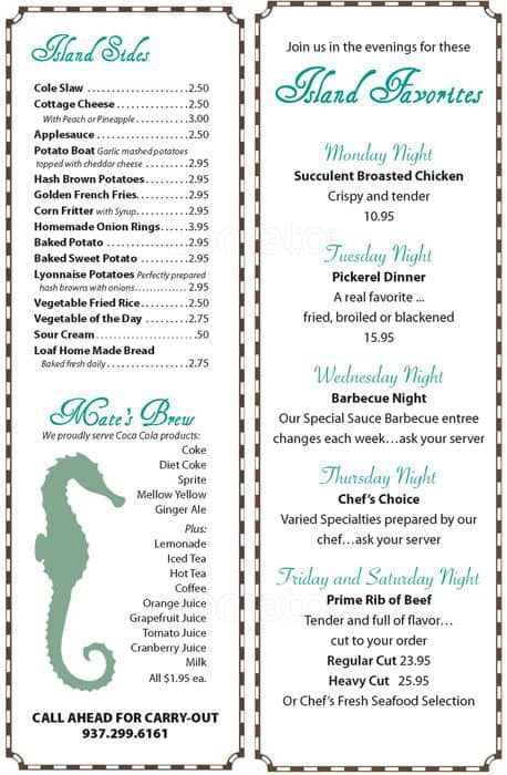 Menu at Treasure Island Supper Club, Moraine