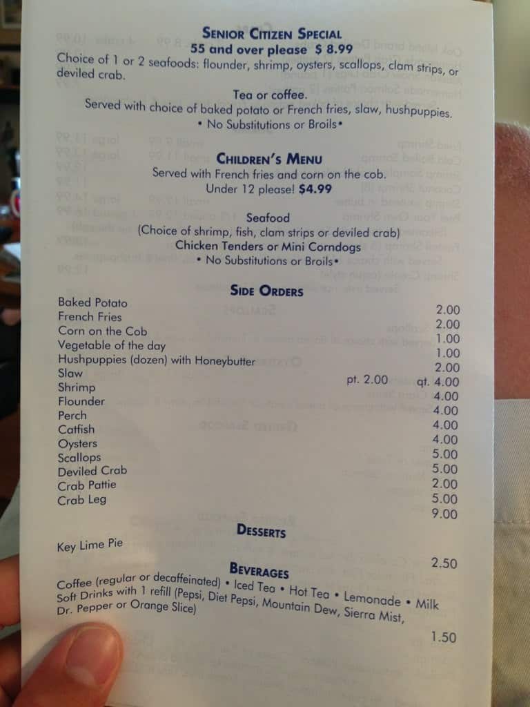 Menu at Jones Seafood restaurant, Oak Island