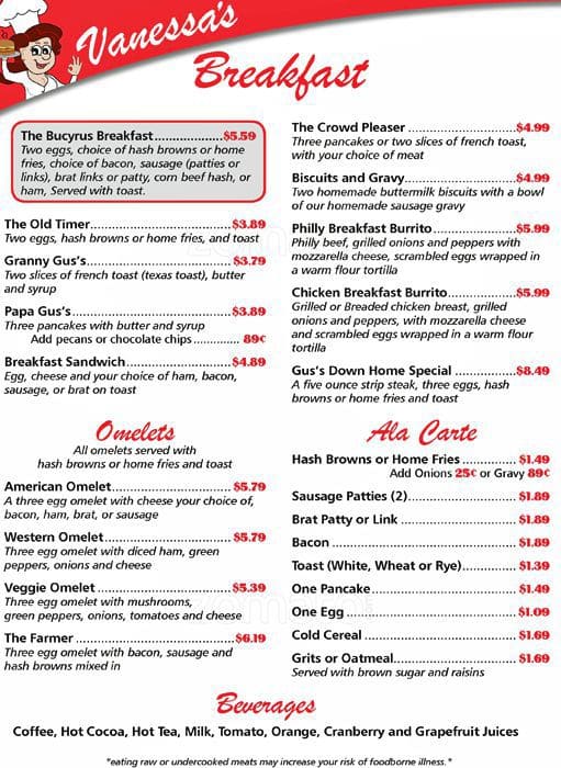 Vanessa's Good Food & Spirits Menu - Urbanspoon/Zomato