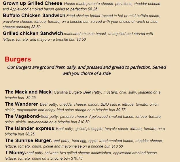 Menu at Hobo's restaurant, Fort Mill