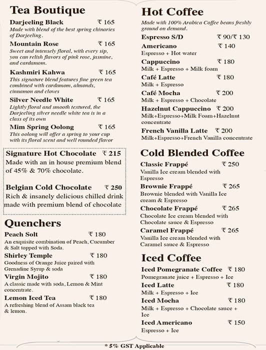 Menu of Feranoz, Banjara Hills, Hyderabad