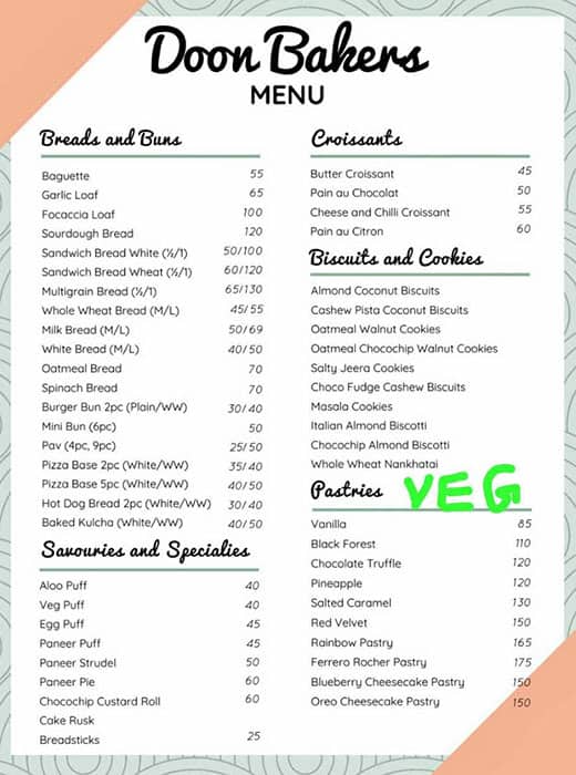 Menu of Doon Bakers, Egatoor, Chennai