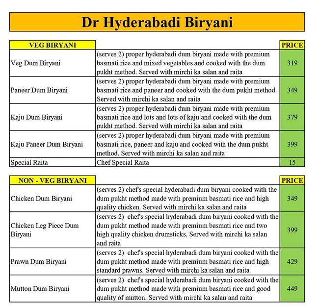 Menu of Dr Hyderabadi Biryani, Sangareddy, Hyderabad