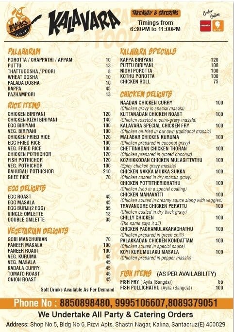 Menu of Kalavara Kitchen, Santacruz East, Mumbai