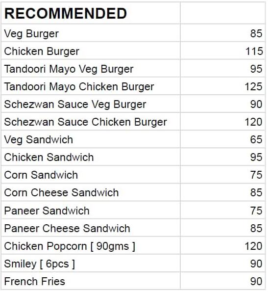 Menu of Burger Friend, Chromepet, Chennai