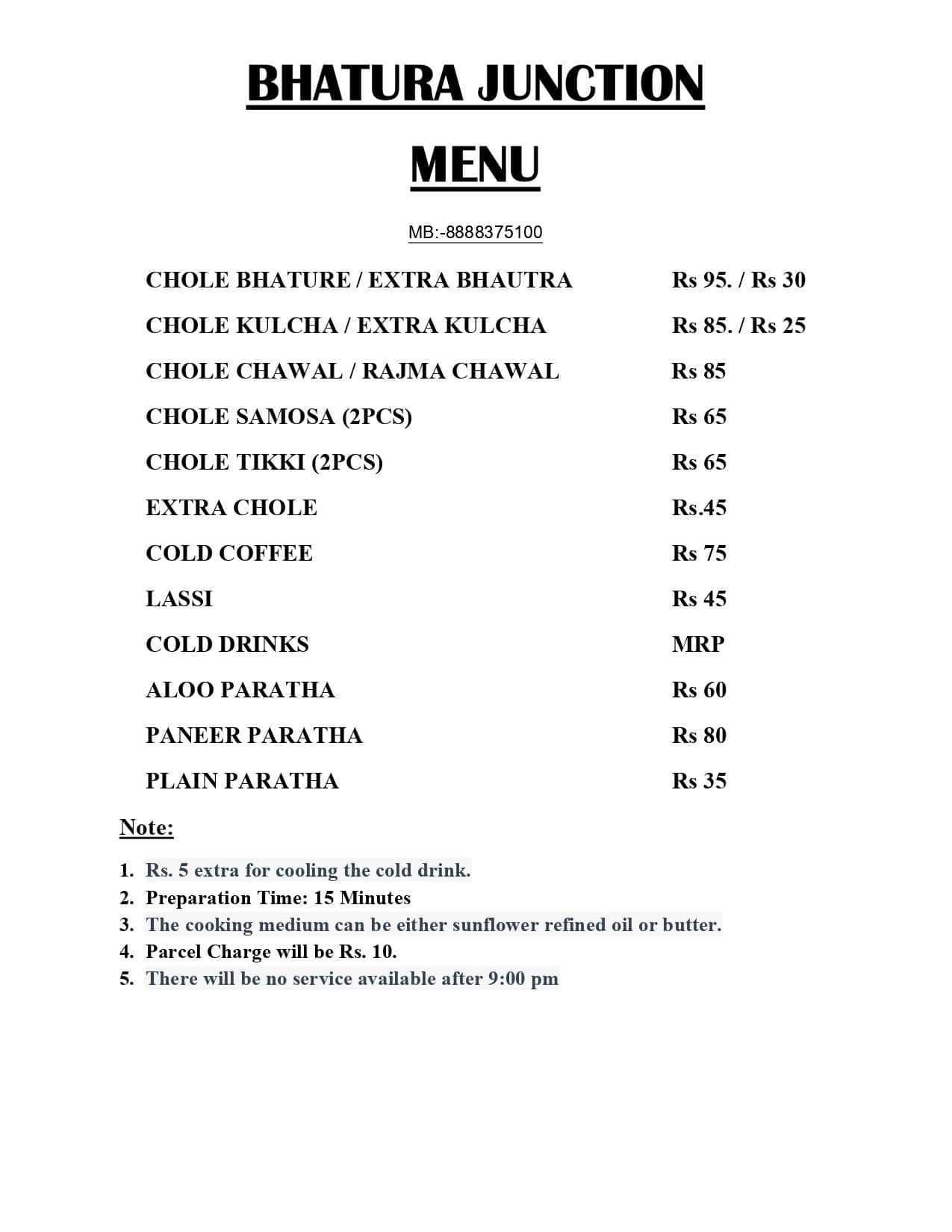 Menu of Bhatura Junction, Hingna T Point, Nagpur