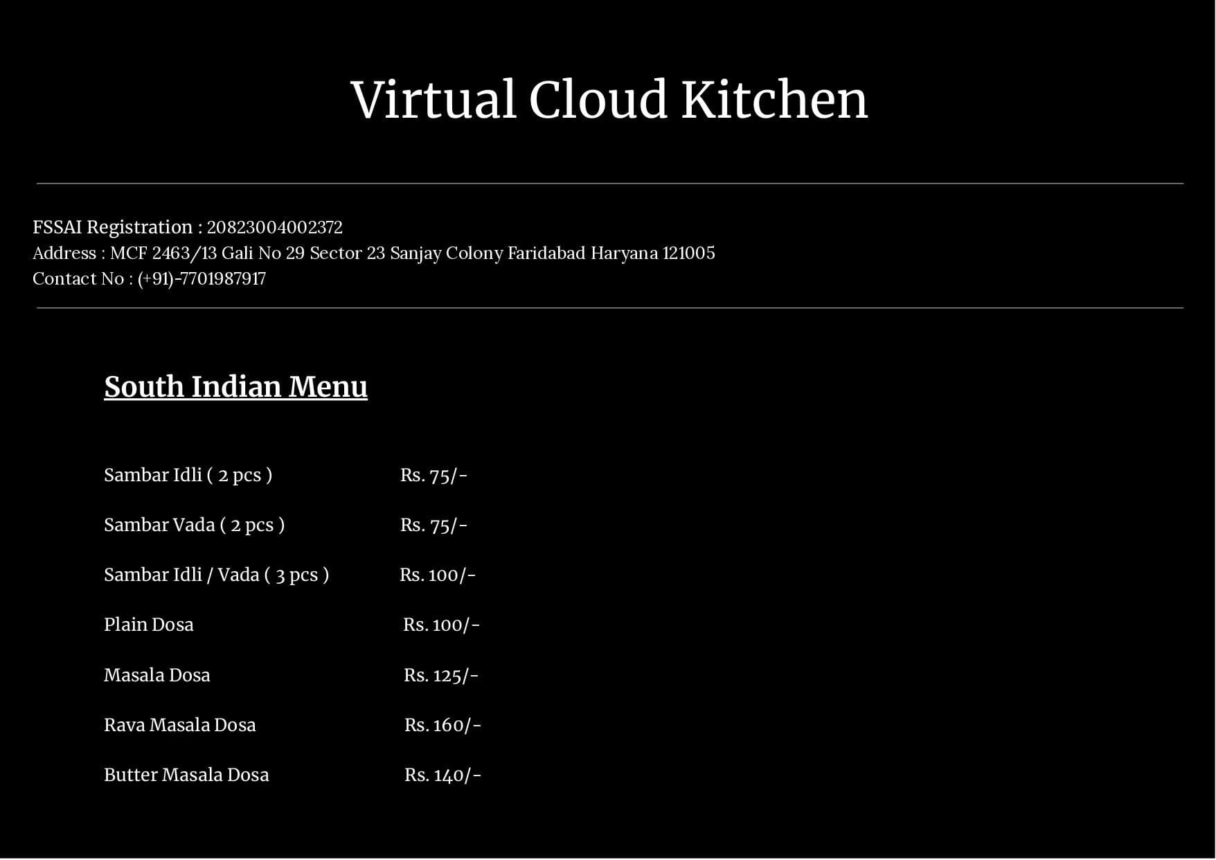 Menu of Virtual Cloud Kitchen, Sector 23, Faridabad