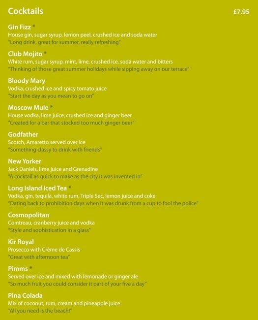 Menu at Stadium Bar Lounge and Terrace at Holiday Inn, London