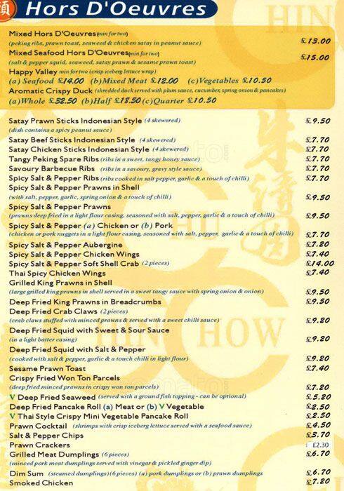 Menu at Chu Chin Chow restaurant, East Molesey, 15-16 Hampton Court Parade