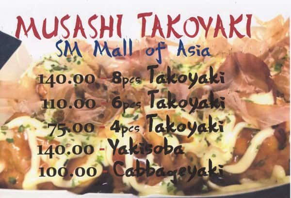 Menu at Musashi Takoyaki restaurant, Pasay