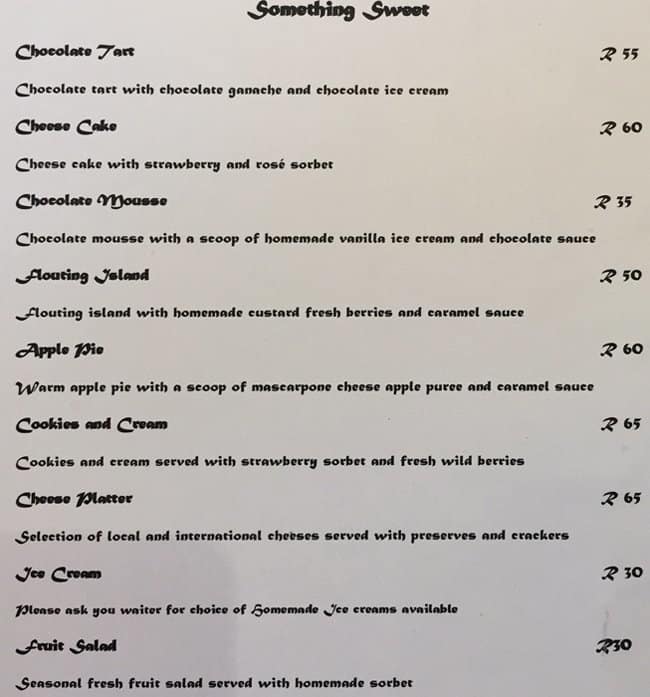 Menu at Velvet - Holiday Inn, Johannesburg