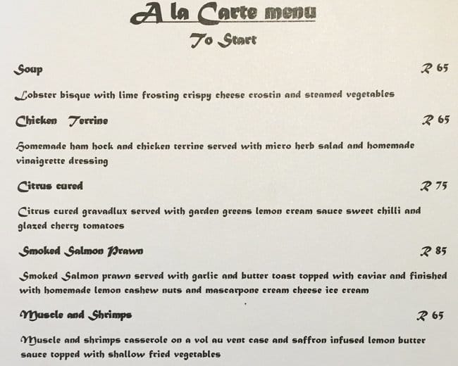 Menu at Velvet - Holiday Inn, Johannesburg