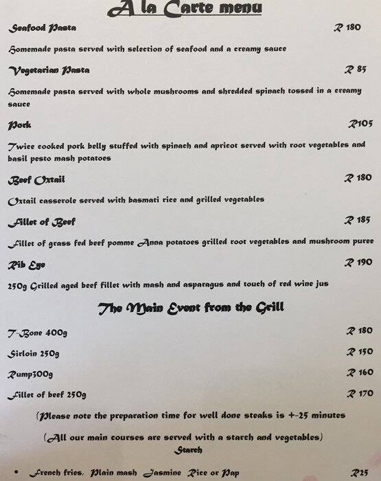 Menu at Velvet - Holiday Inn, Johannesburg