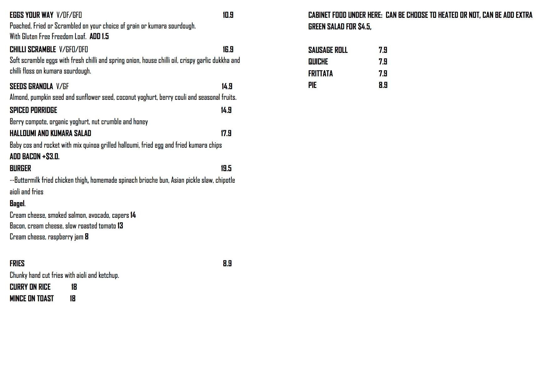 Menu at William Souter Espresso cafe, Auckland