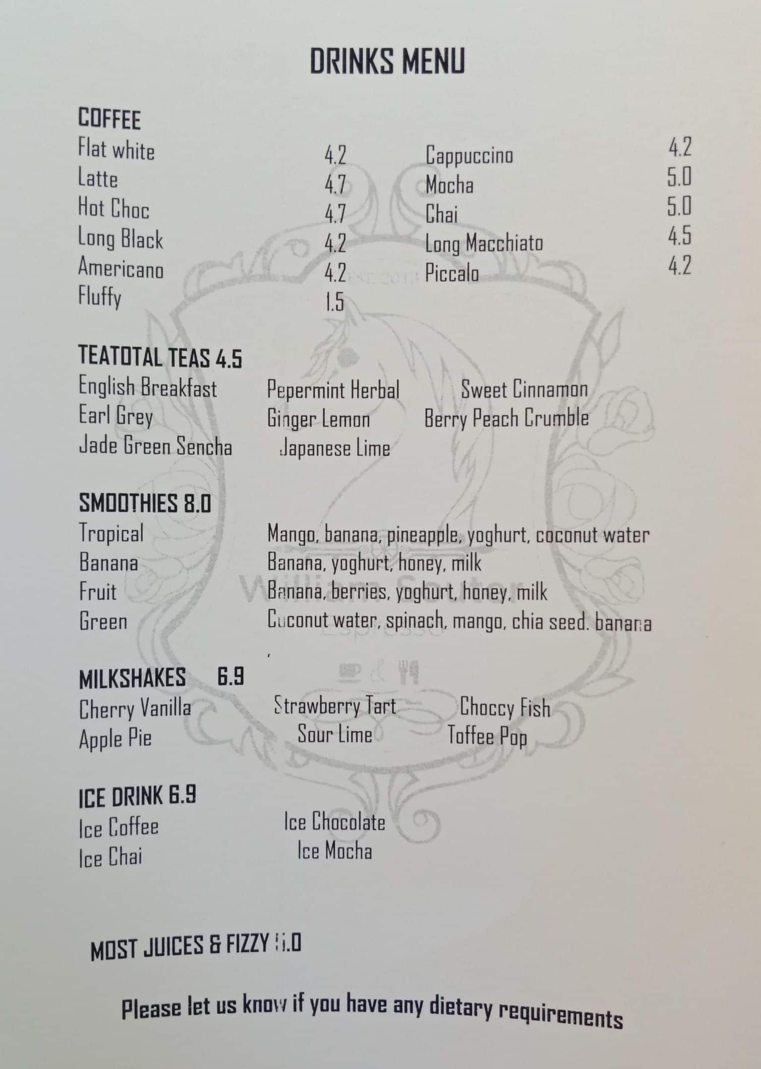 Menu at William Souter Espresso cafe, Auckland