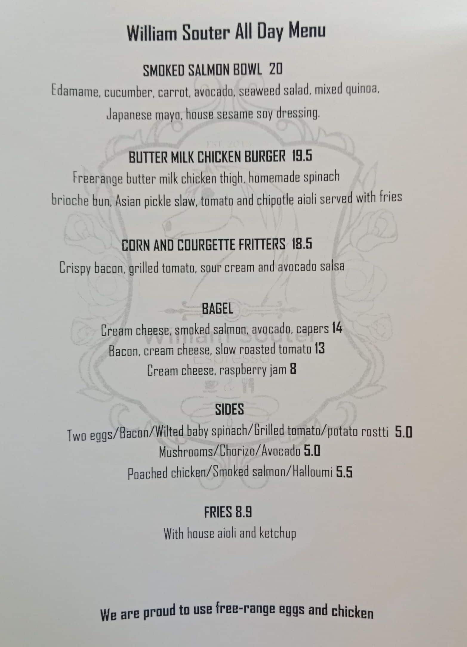 Menu at William Souter Espresso cafe, Auckland