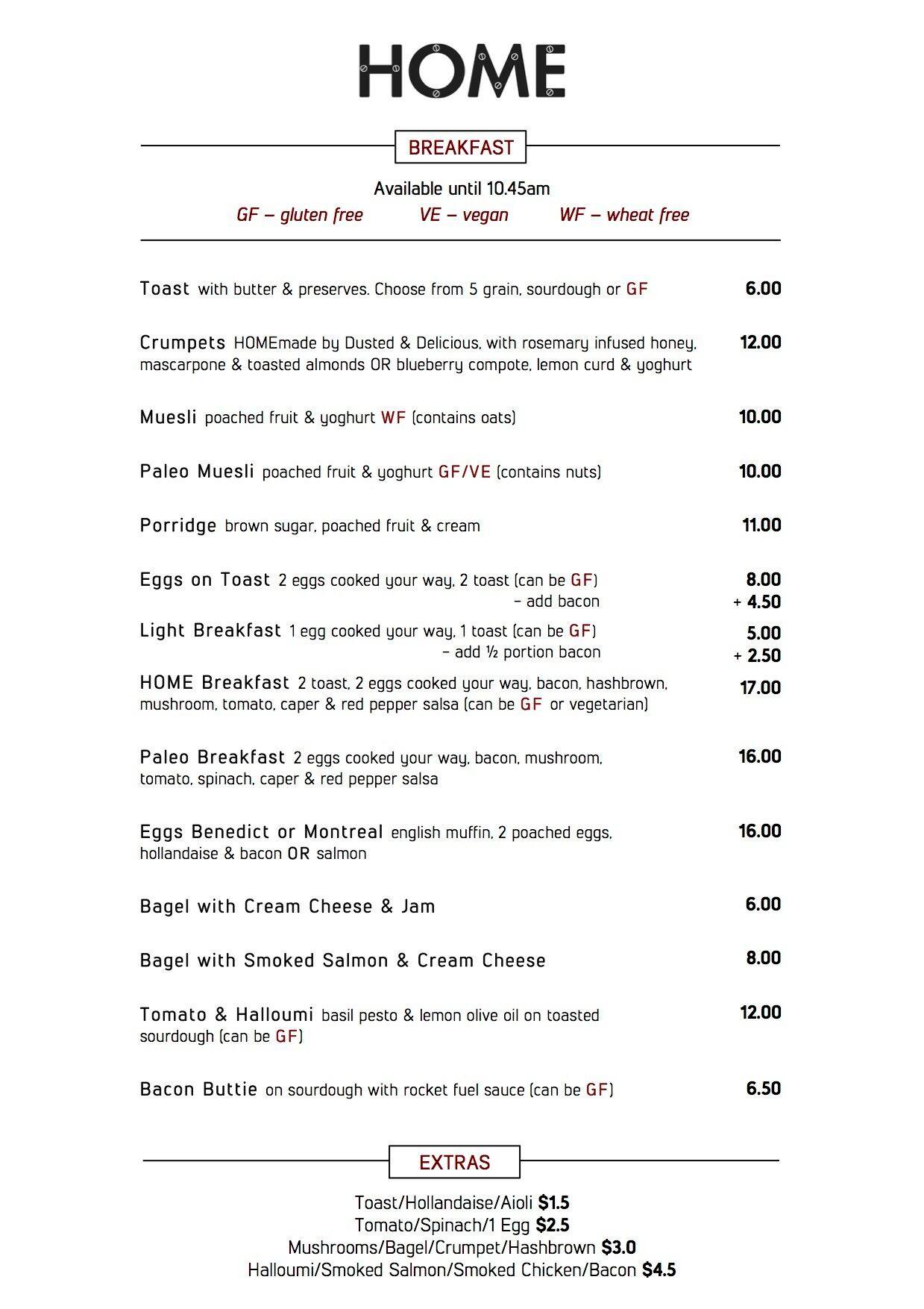 Menu at HOME on Stout cafe, Wellington