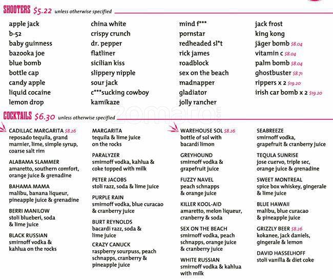 Menu at Queen Street Warehouse pub & bar, Toronto