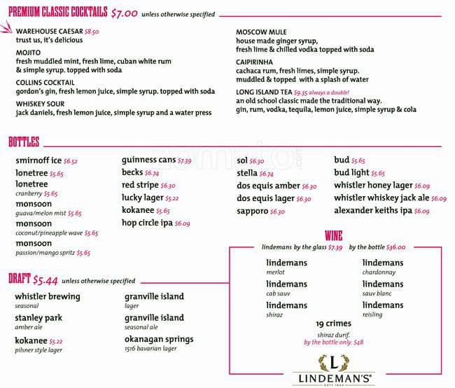 Menu at Queen Street Warehouse pub & bar, Toronto