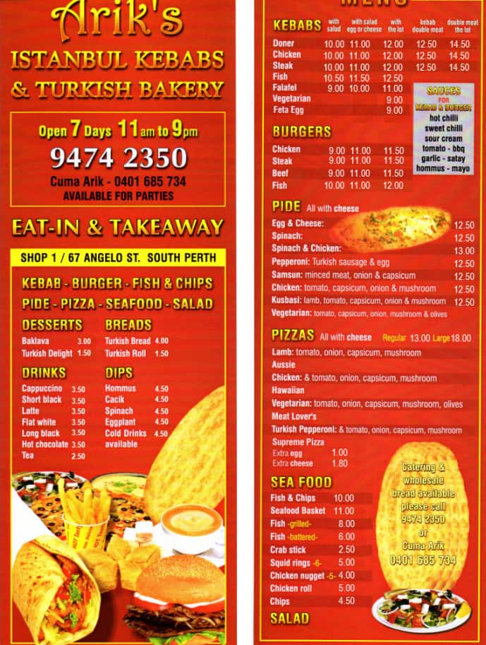 Menu at Arik's Istanbul Kebabs and Turkish Bakery, South Perth