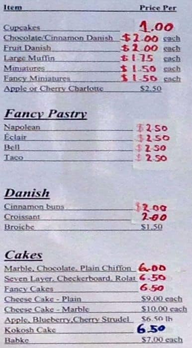Menu at Isaac's Bake Shop restaurant, New York City