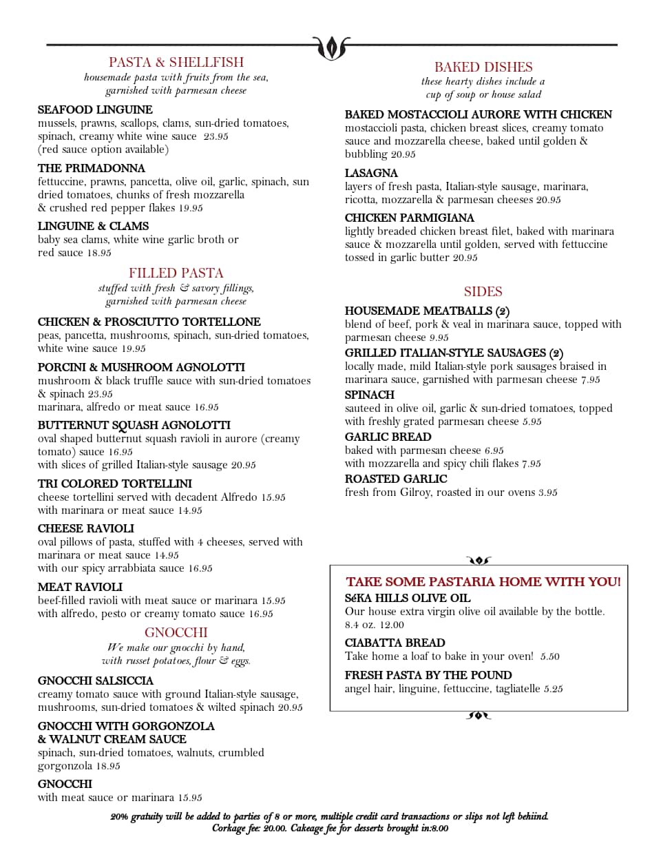 Menu at The Pastaria & Market pub & bar, Los Gatos