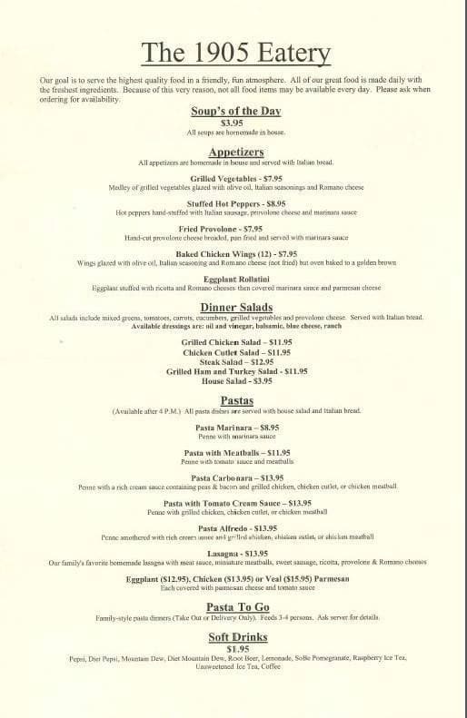 Menu at 1905 Eatery restaurant, McKees Rocks
