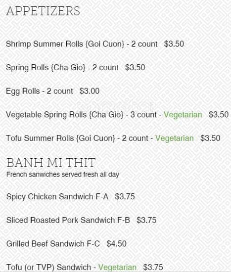 Menu at Saigon Express restaurant, San Antonio, McCullough Ave