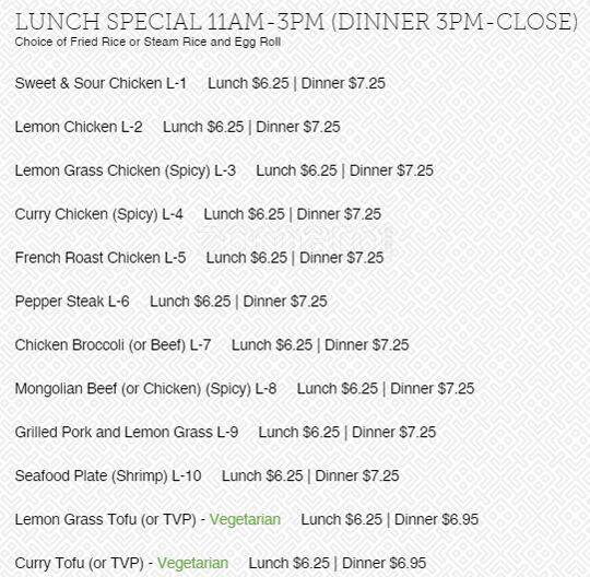 Menu at Saigon Express restaurant, San Antonio, McCullough Ave