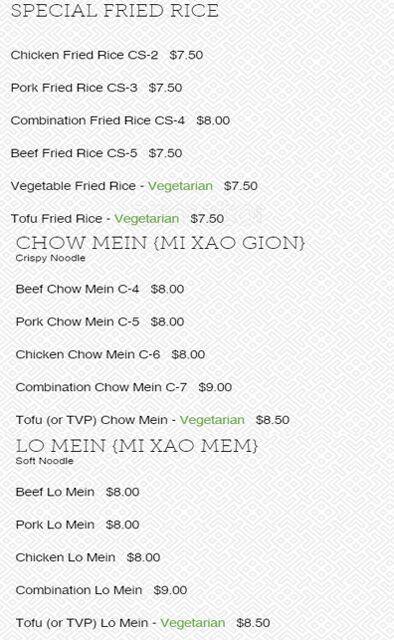 Menu at Saigon Express restaurant, San Antonio, McCullough Ave