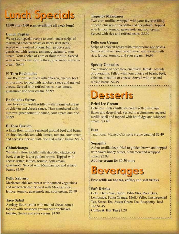 Menu at El Toro restaurant, Brownsburg, E Main St