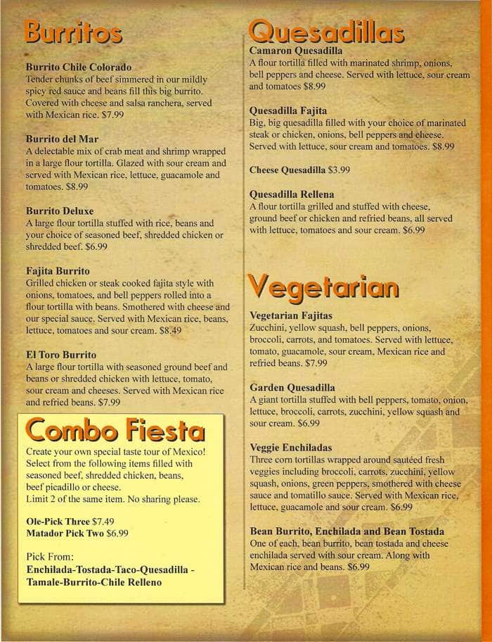 Menu at El Toro restaurant, Brownsburg, E Main St