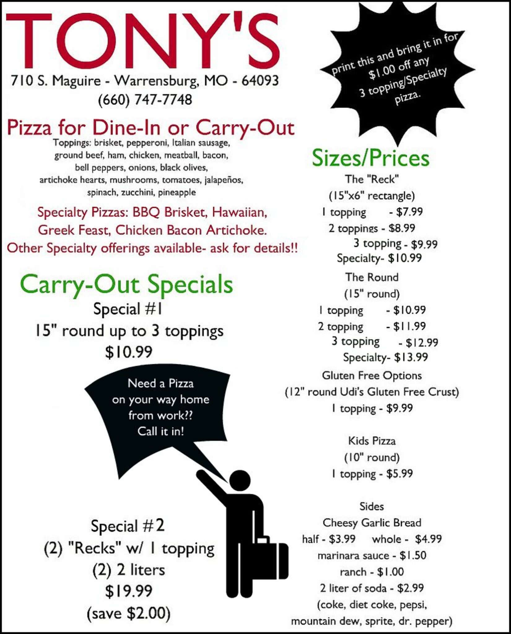 Menu at Tony's Restaurant, Warrensburg