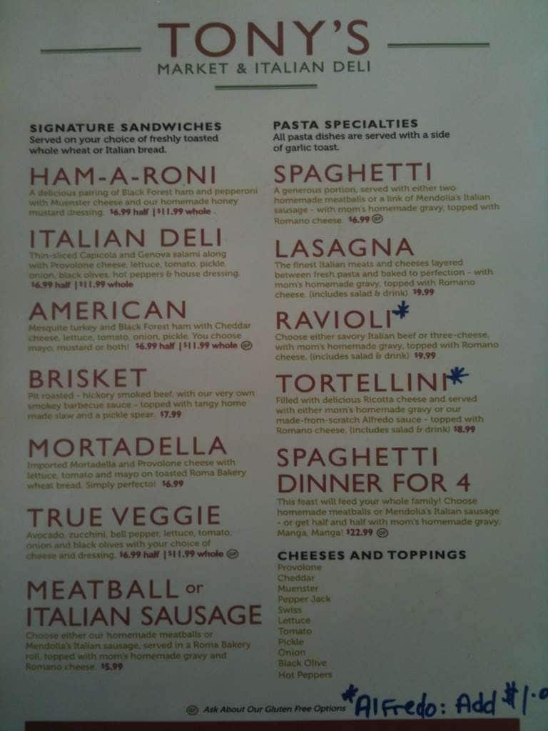 Menu at Tony's Restaurant, Warrensburg