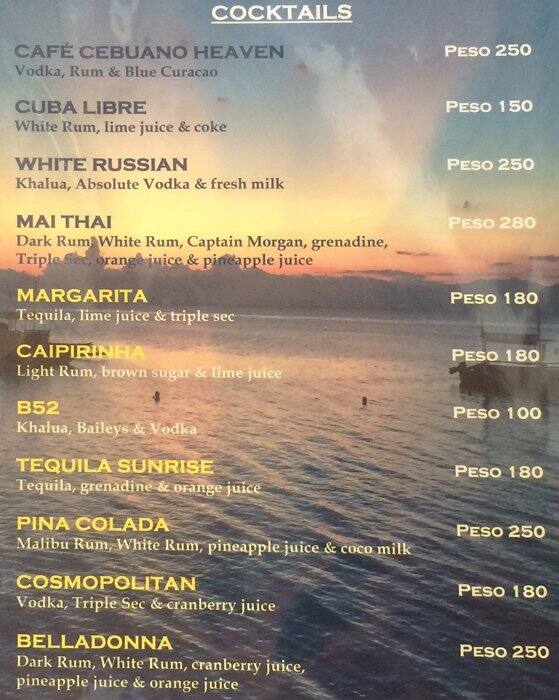 Menu at Café Cebuano pizzeria, Moalboal, Panagsama Rd