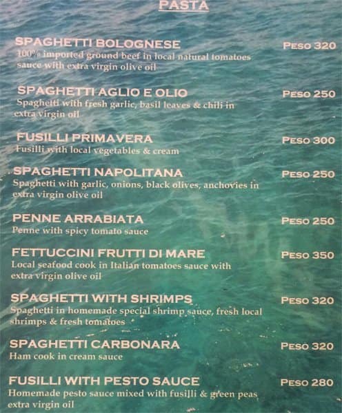 Menu at Café Cebuano pizzeria, Moalboal, Panagsama Rd
