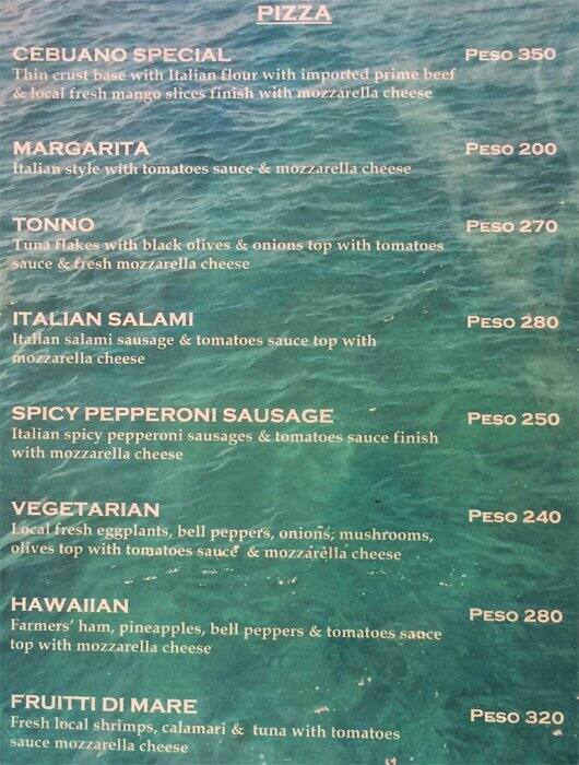 Menu at Café Cebuano pizzeria, Moalboal, Panagsama Rd