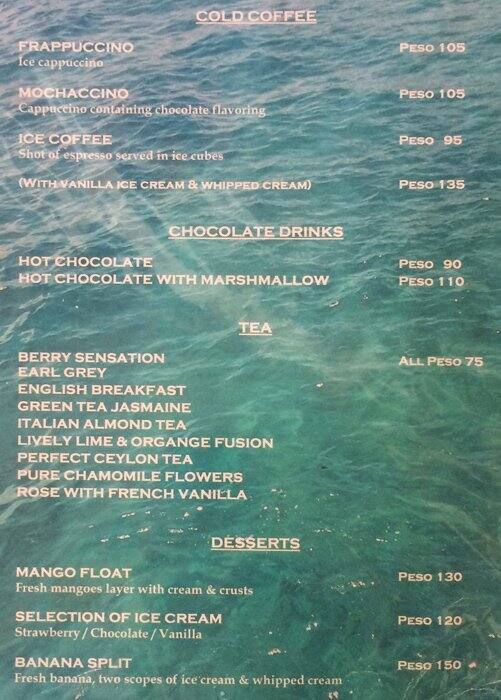 Menu at Café Cebuano pizzeria, Moalboal, Panagsama Rd
