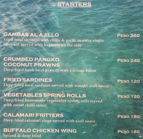 Menu at Café Cebuano pizzeria, Moalboal, Panagsama Rd