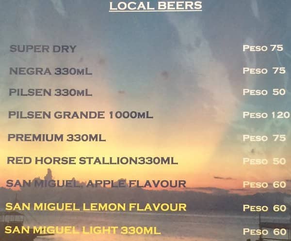 Menu at Café Cebuano pizzeria, Moalboal, Panagsama Rd