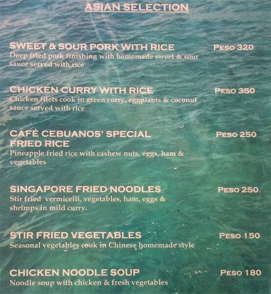 Menu at Café Cebuano pizzeria, Moalboal, Panagsama Rd