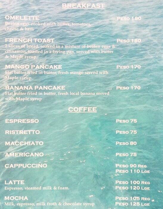Menu at Café Cebuano pizzeria, Moalboal, Panagsama Rd