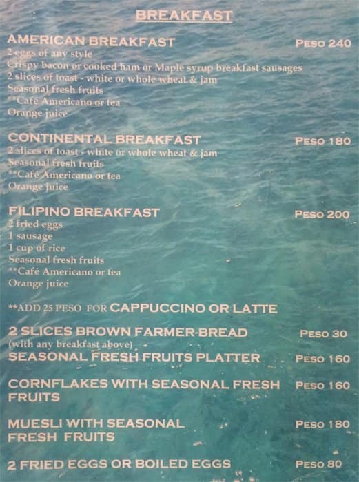 Menu at Café Cebuano pizzeria, Moalboal, Panagsama Rd